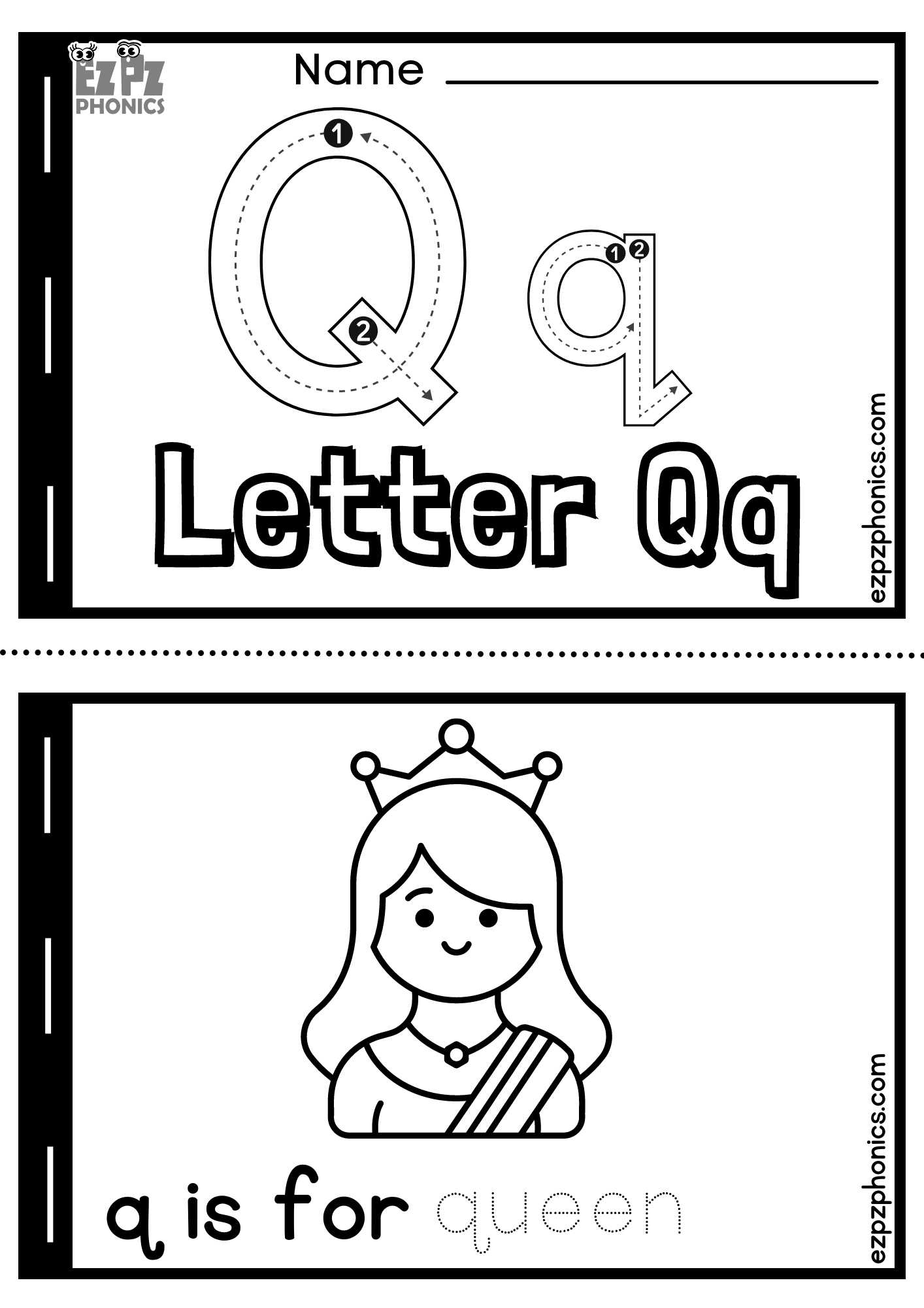 Letter Q Alphabet Coloring Book Half Page Free Printable PDF - ezpzphonics.com